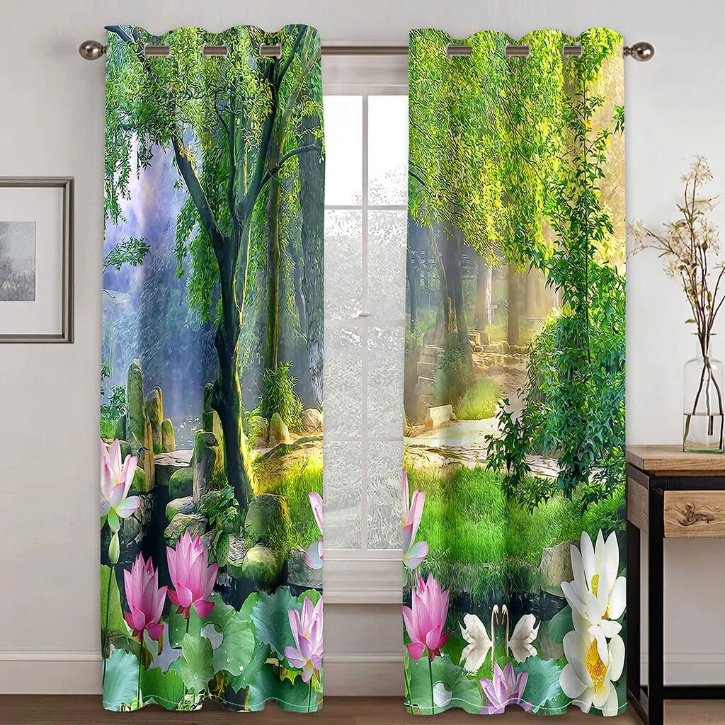 3D Print Customize Photo Scenery Natural 2 Pieces Window Curtain Living ...