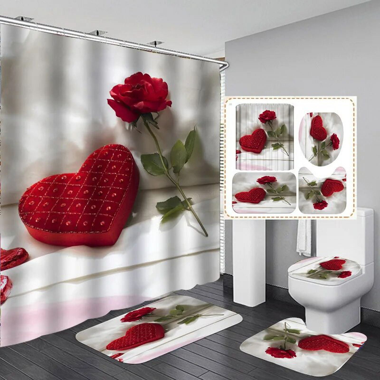 3d Print Flowers Bath Curtain Waterproof Fabric Romantic Red Rose
