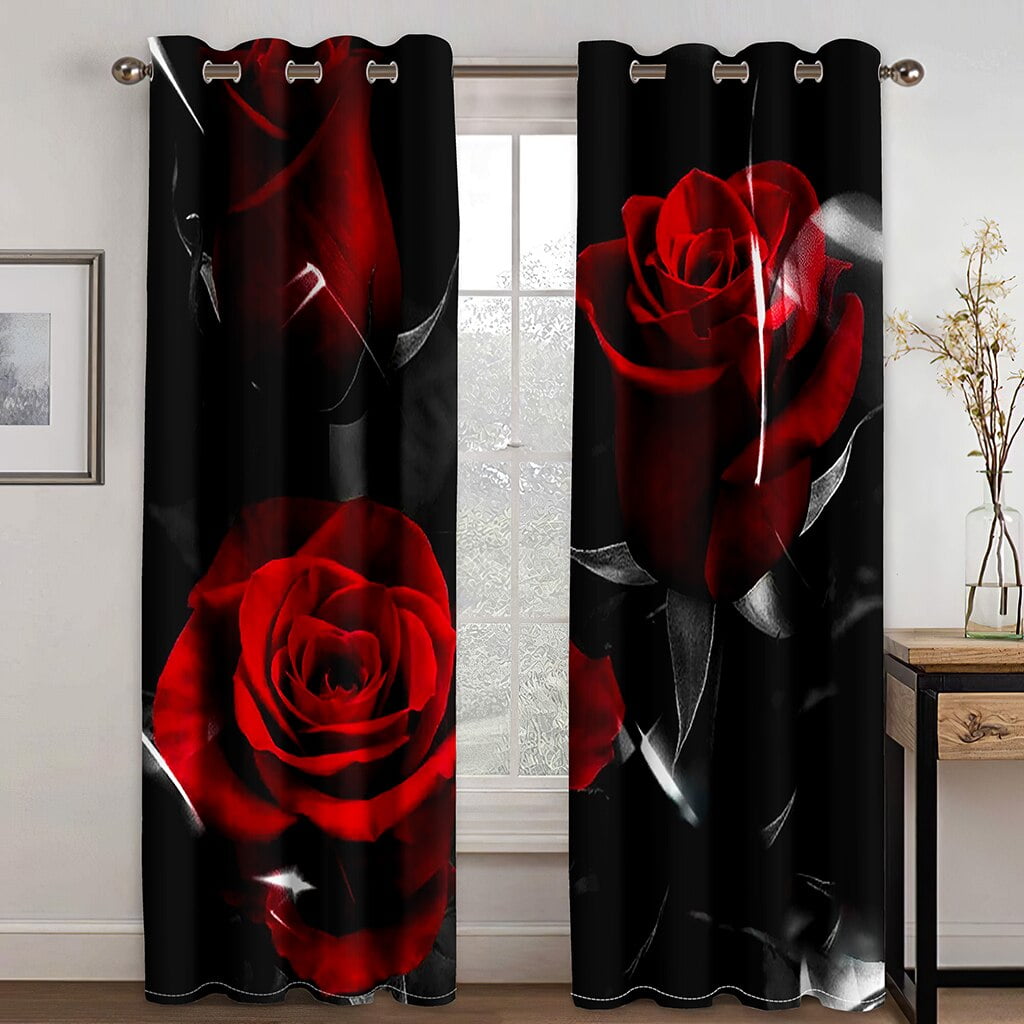 3D Print Modern Swans Red Rose Flower Two Thin Window Curtains for ...