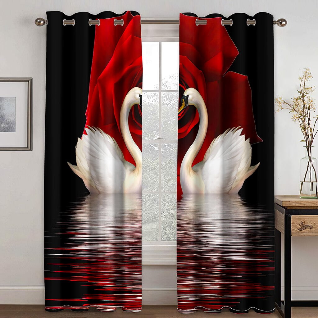 3D Print Modern Swans Red Rose Flower Two Thin Window Curtains for ...