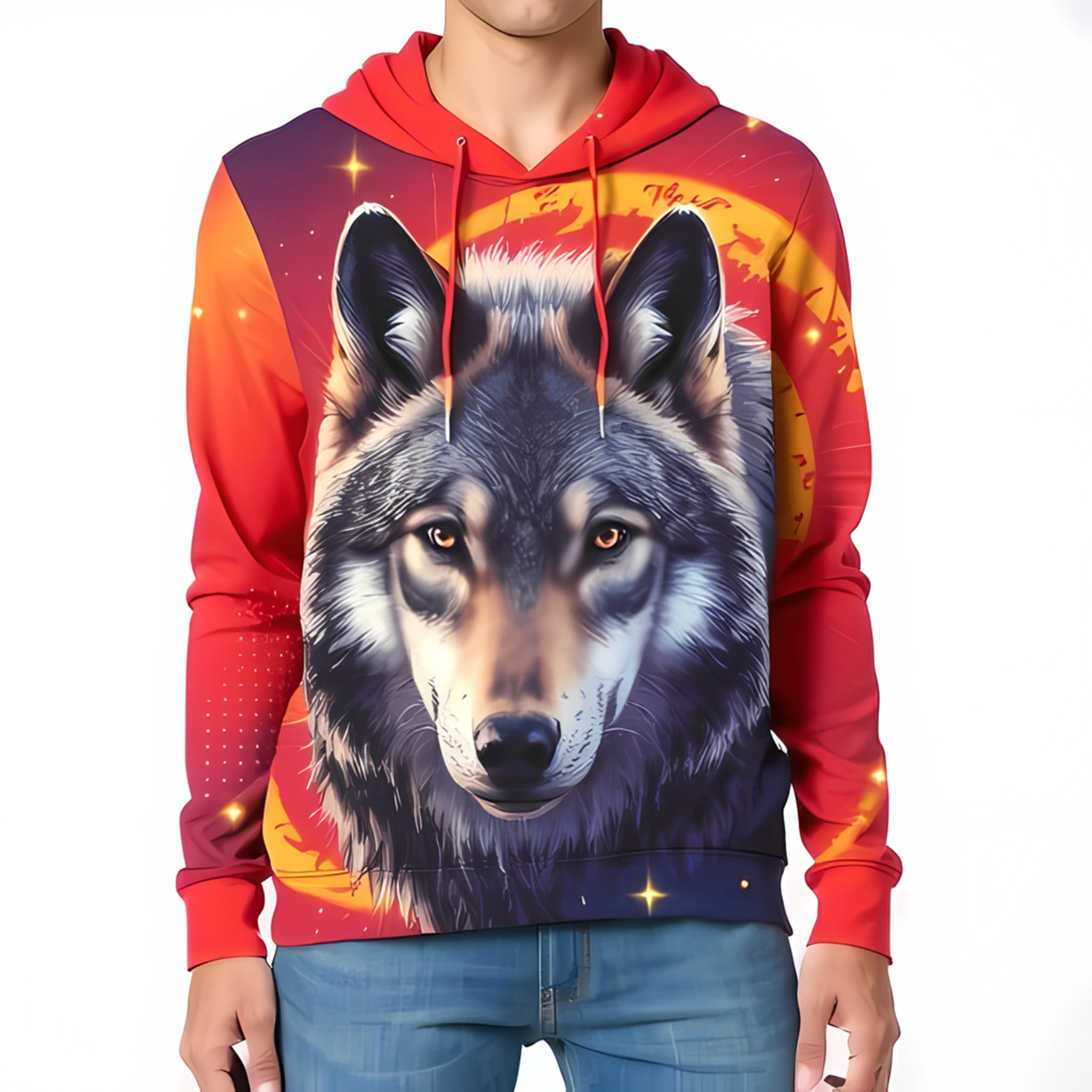 3D Print Red Hoodie with Drawstring Sun and Stars Design Long Sleeve ...
