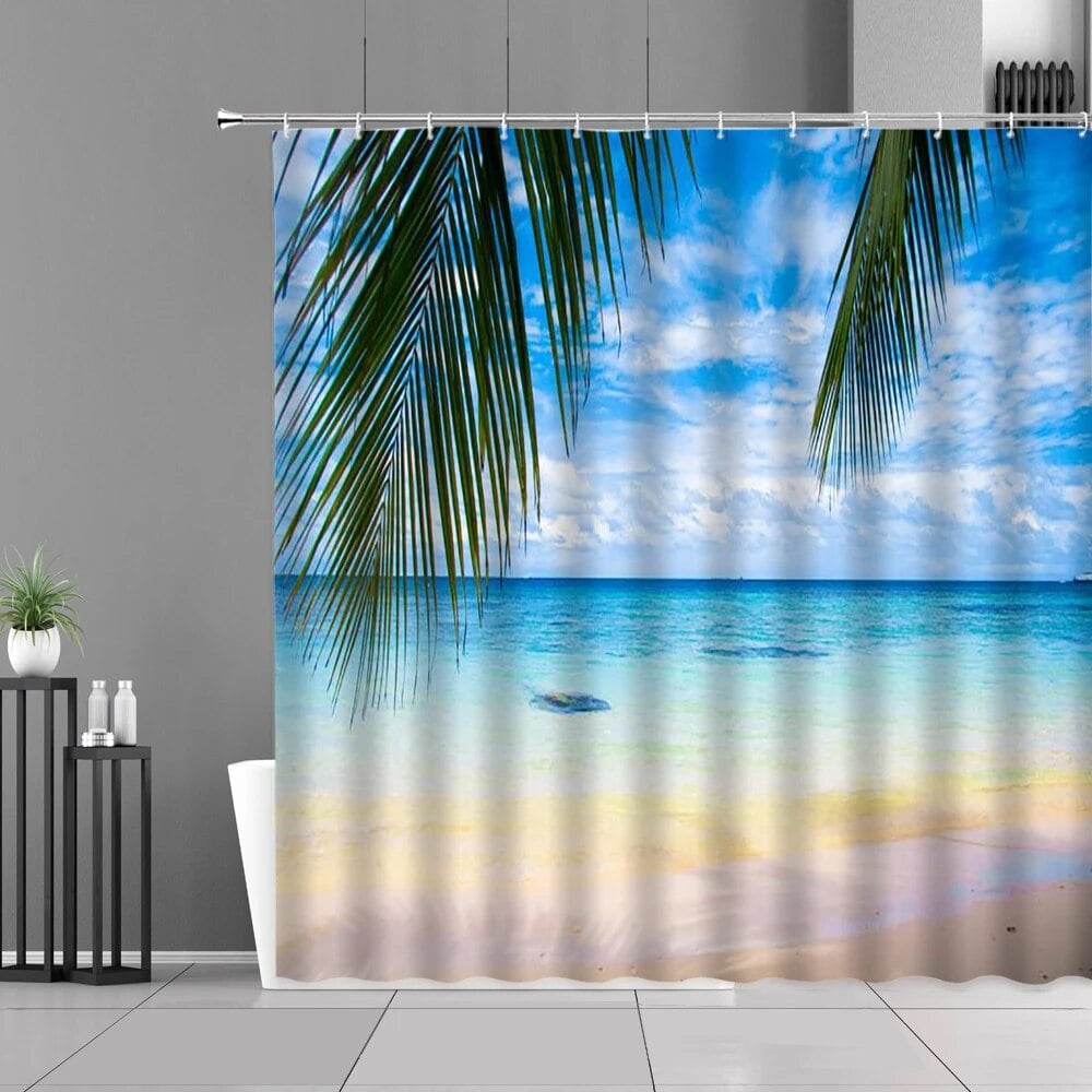 3D Print Sea View Ocean Beach Coconut Tree Shower Curtain Curtain For ...