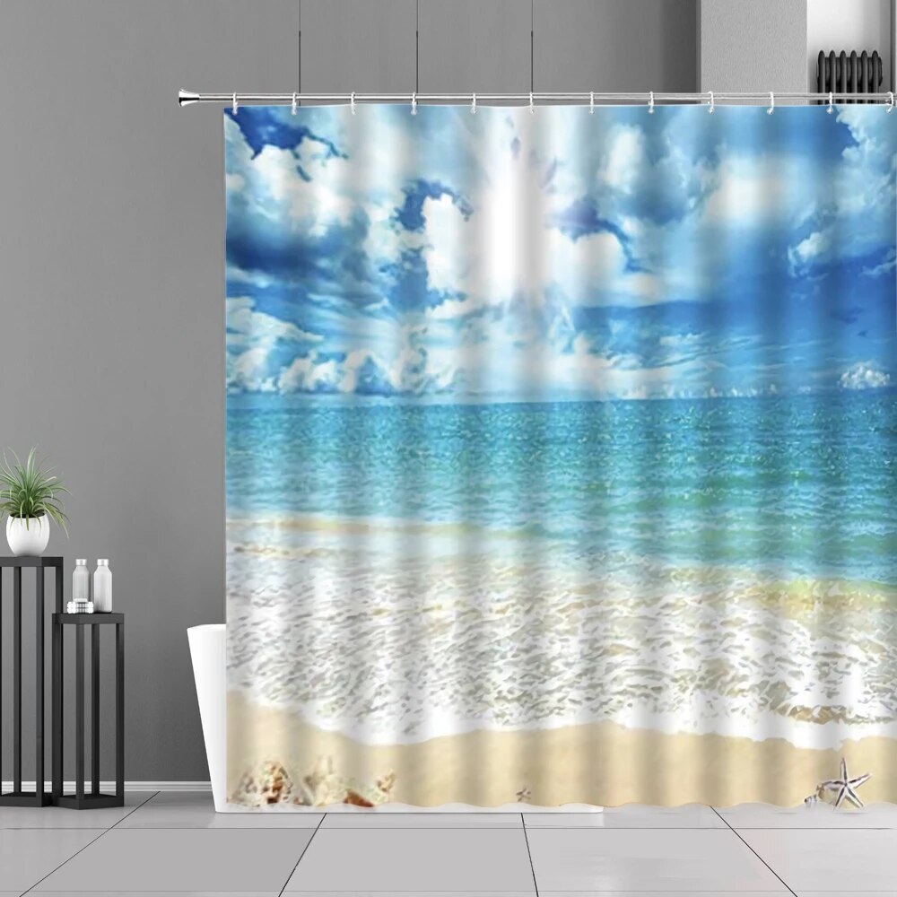 3D Print Sea View Ocean Beach Coconut Tree Shower Curtain Curtain For ...