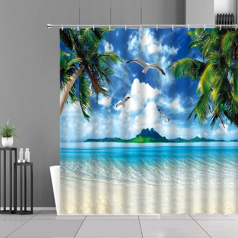 3D Print Sea View Ocean Beach Coconut Tree Shower Curtain Curtain For ...