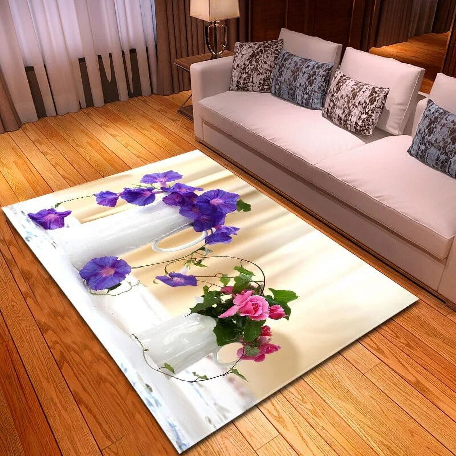 3D Print White Red Blue Rose Flower Pattern Carpet Living Room Rug Mat Non-Slip Hallway Bedroom ...