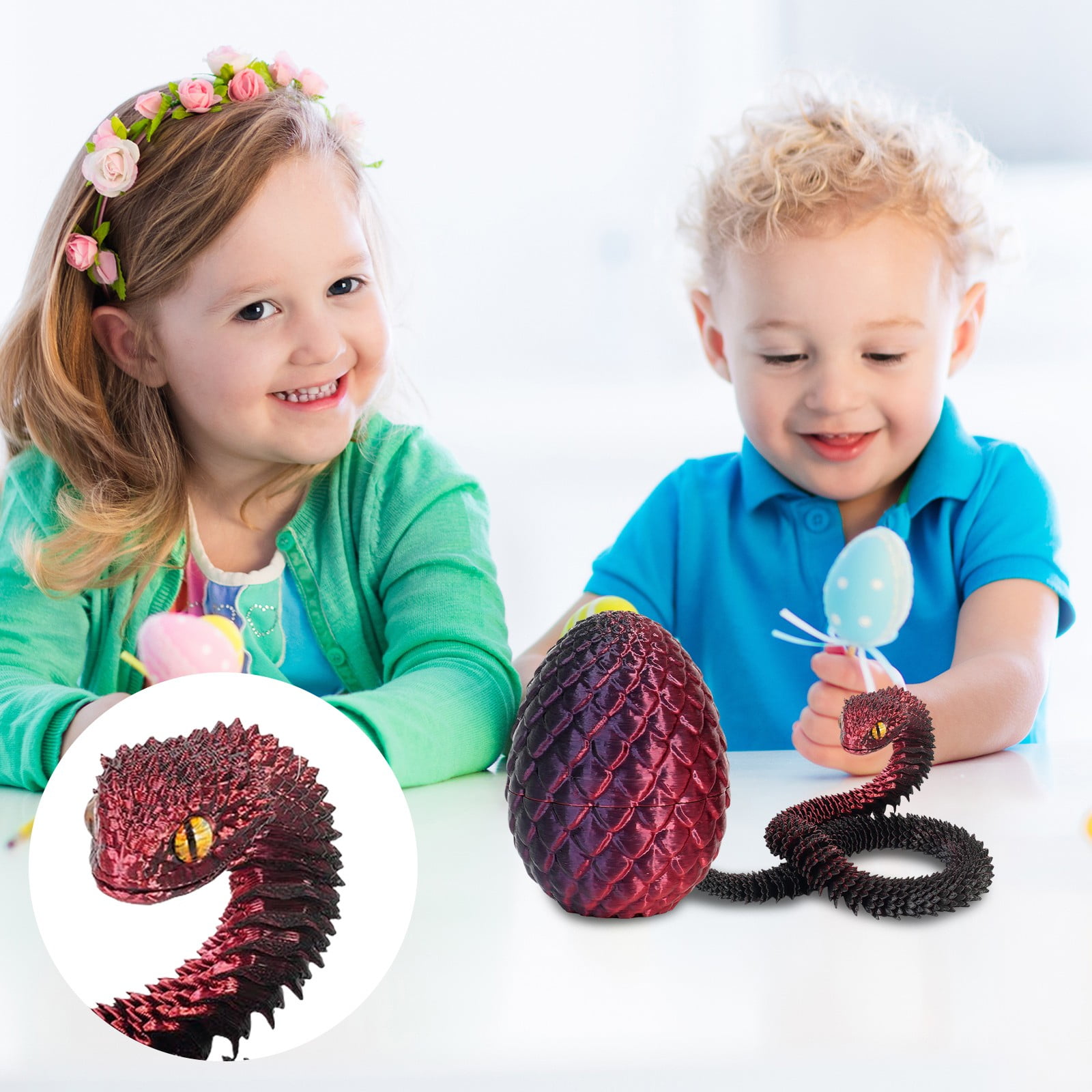 3D Printed Articulated Viper and Dragon Egg Set, 12 in Laser Red Black ...