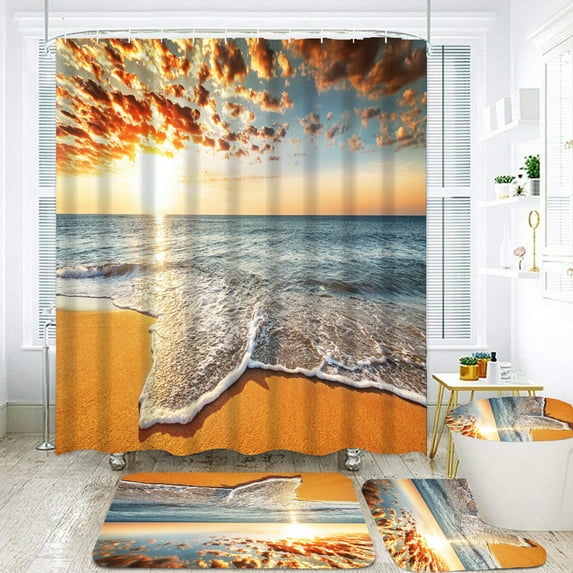 3D Printed Blue Sea Ocean Beach Shower Curtain Waterproof Bathroom ...