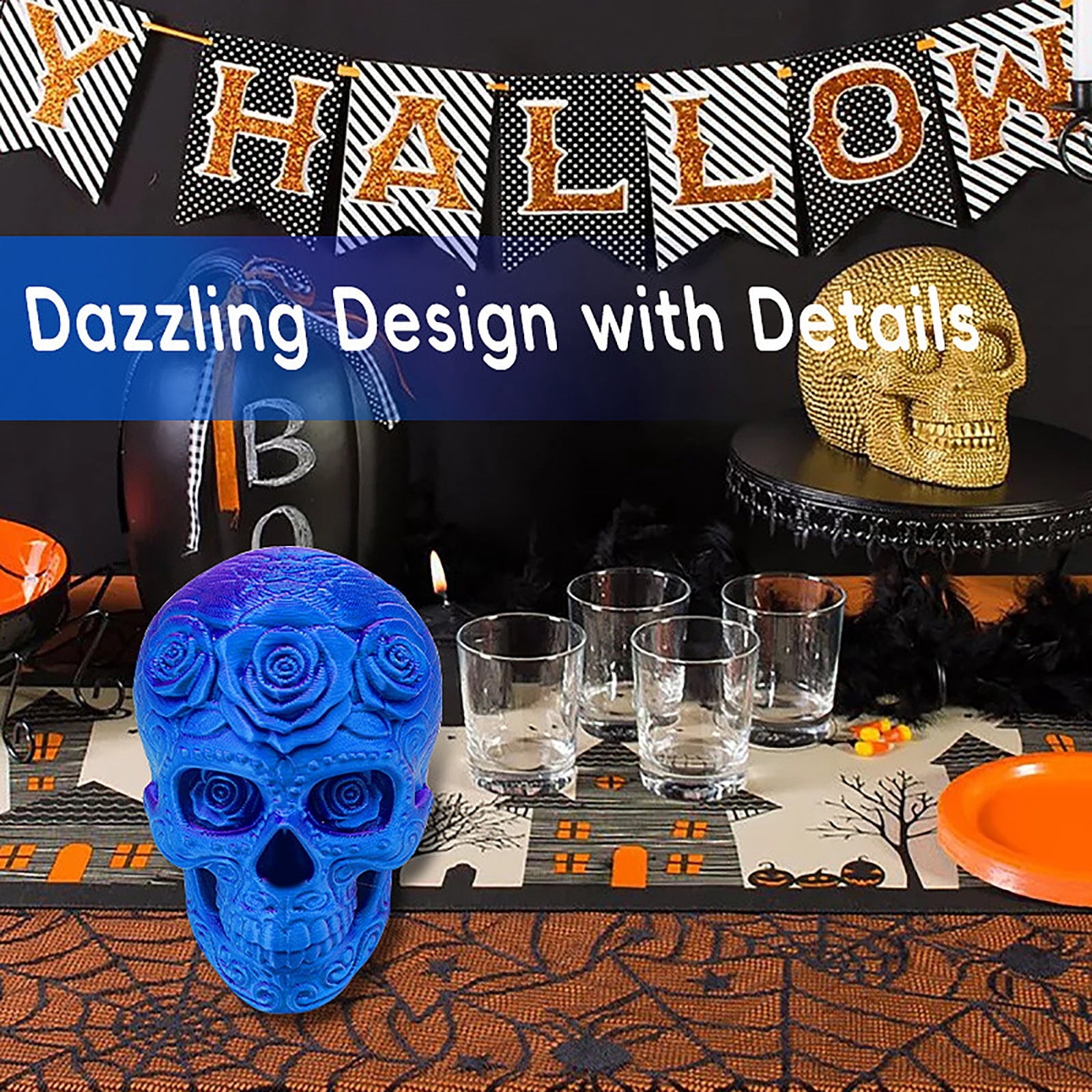 3D Printed Blue Sugar Skull Figurine, 2.76" Day of the Dead Rose ...