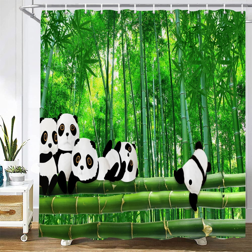 3D Printed Cartoon Cute Panda Shower Curtain Green Plant Bamboo Scenery ...