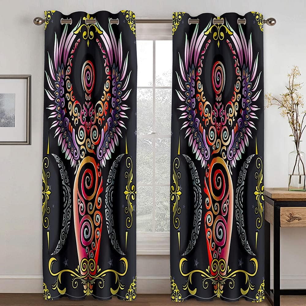 3D Printed Curtains Black Red Yellow Feather Flower Printed Blackout ...