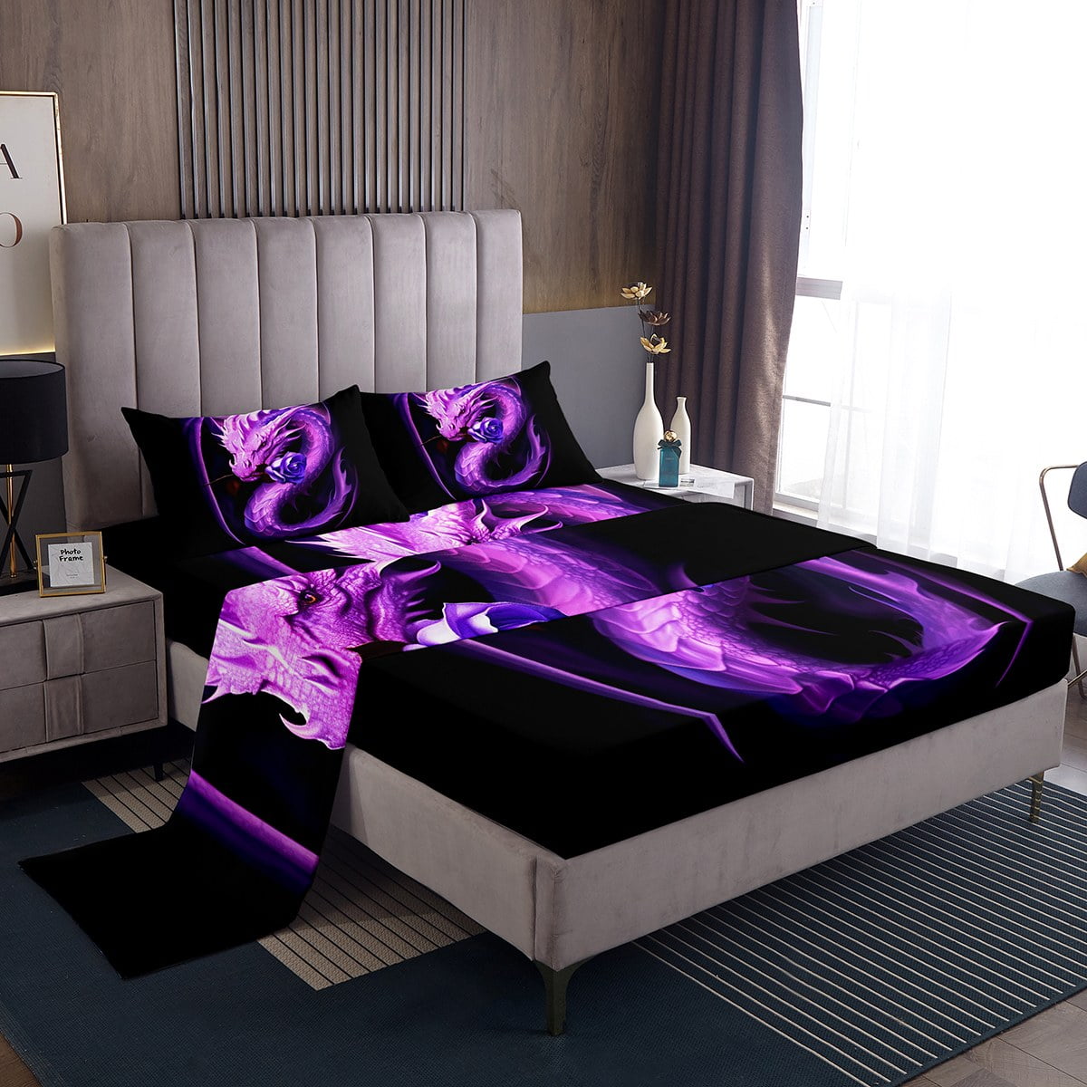 3D Printed Dragon Bed Sheets Set Purple Rose Twin Sheet Set Women ...