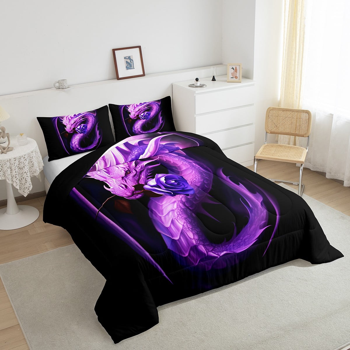 3D Printed Dragon Comforter Set Purple Rose King Bedding Sets for Girls ...