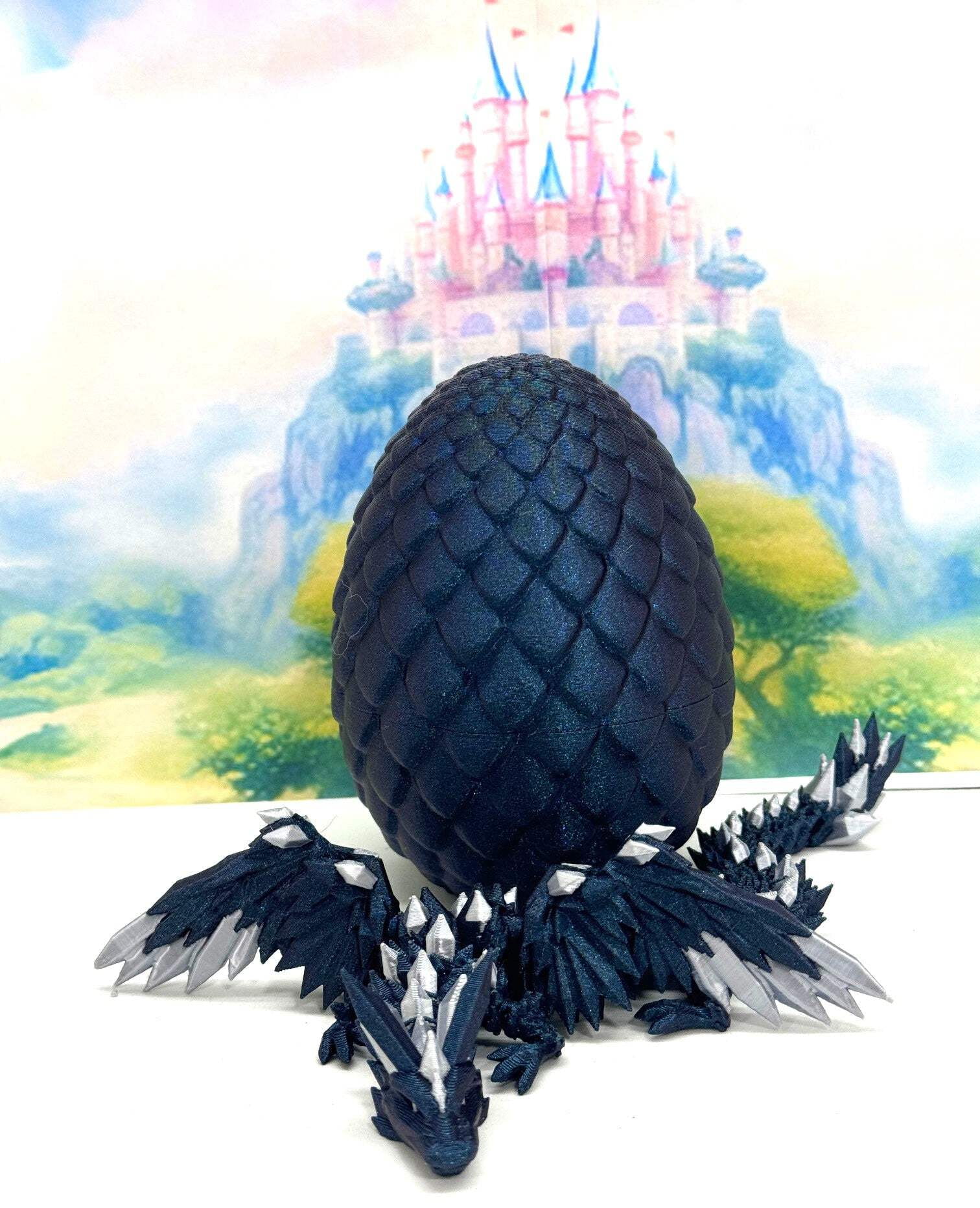 3D Printed Dragon with Egg, Articulated Blue Crystal Winged Dragon ...