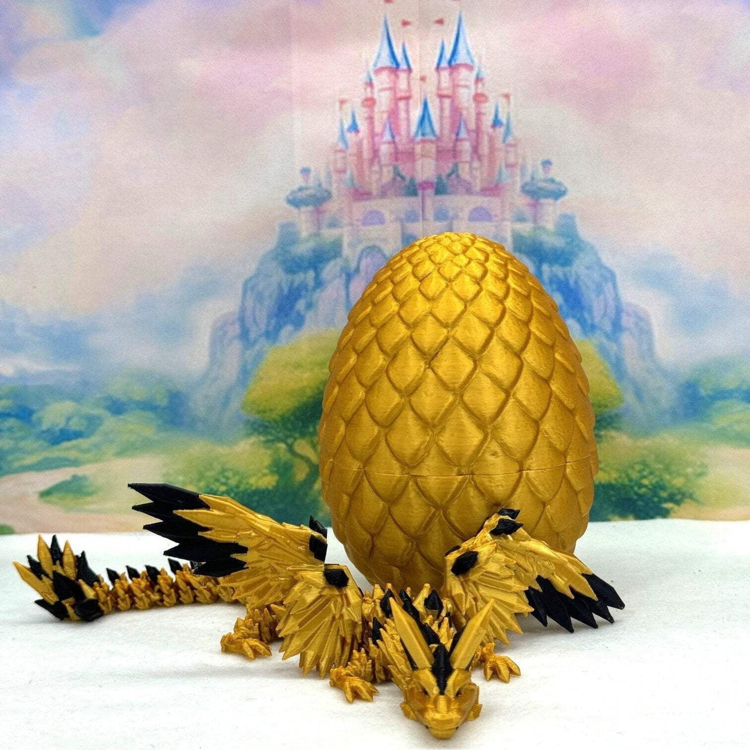 3D Printed Dragon with Egg, Articulated Gold and Black Crystal Winged ...