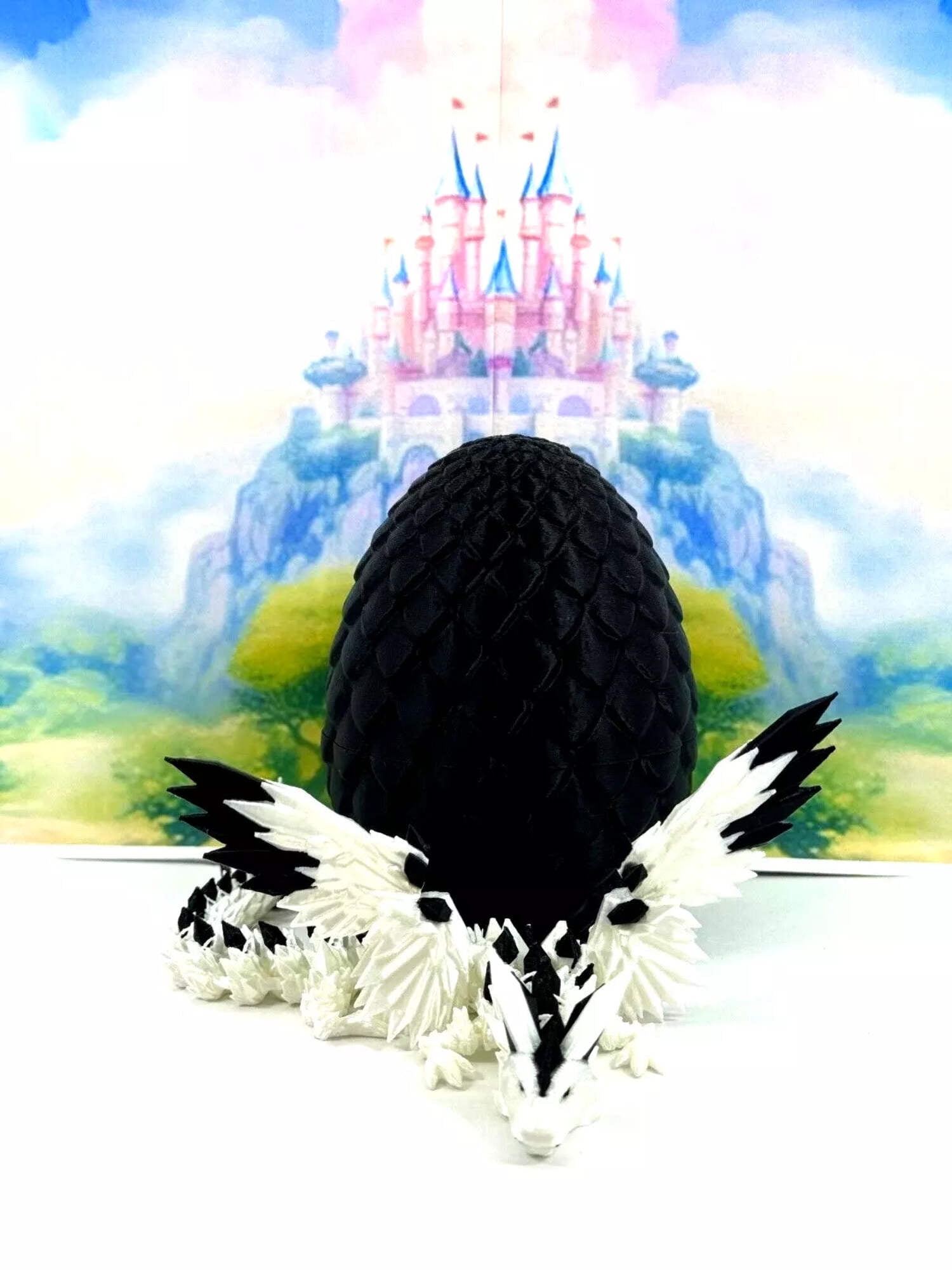 3D Printed Dragon with Egg, Articulated White and Black Crystal Winged ...