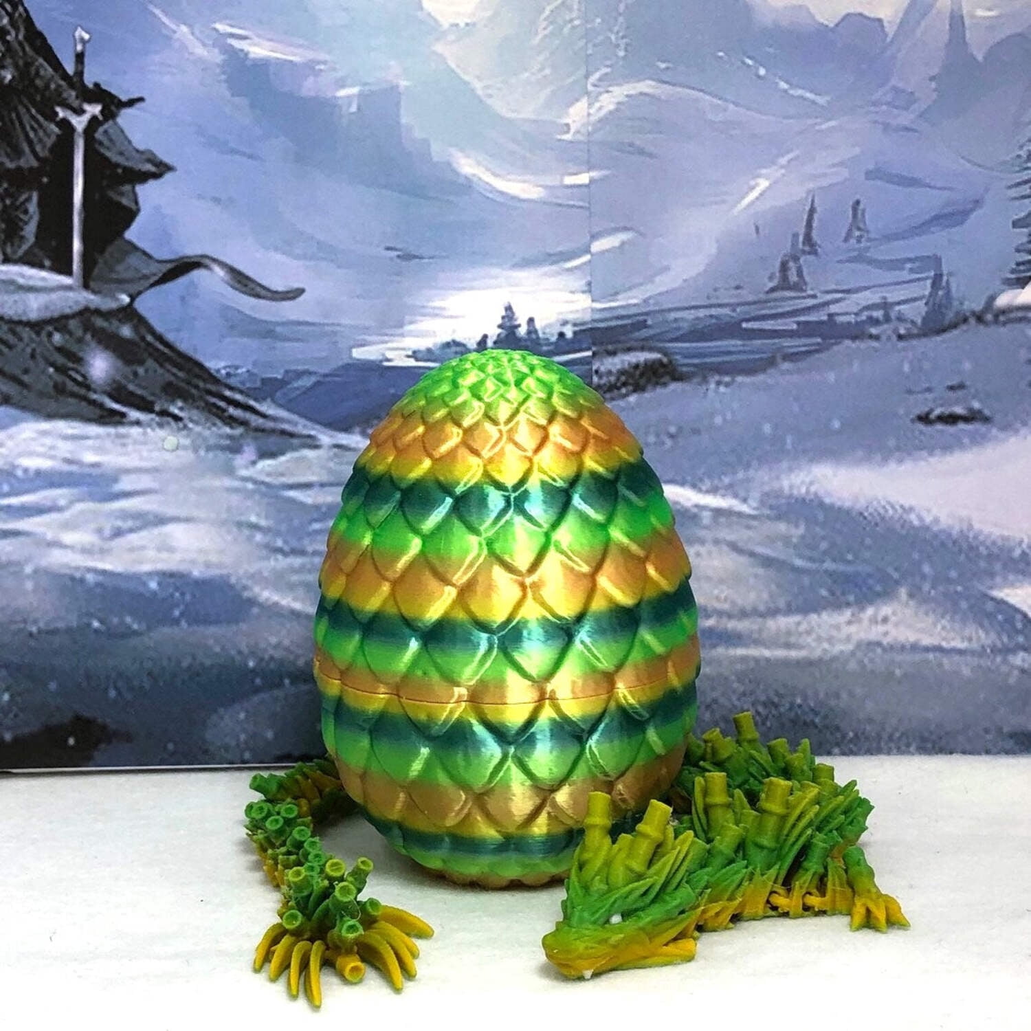 3D Printed Dragon with Egg, Articulated Yellow and Green Bamboo Dragon ...