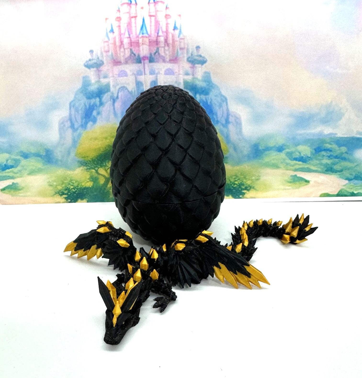 Articulated Dragon with Egg, 3D Printed Black Crystal Winged Dragon ...