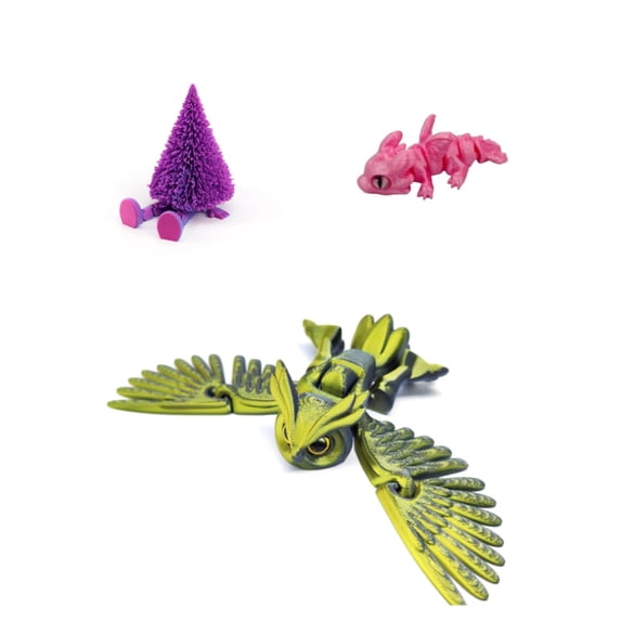 3D Printed Fantasy Owl Dragon And Festive Tree For Unique Home Office ...