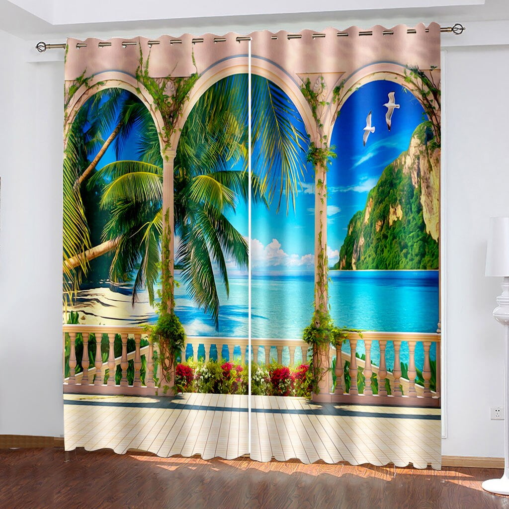 3D Printed Natural Scenery Coconut Seagull Beach Sea Shading Blackout ...