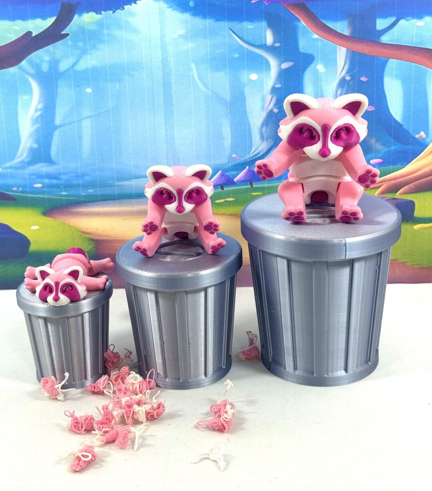 3D Printed Racoon with Trashcan, Articulated Albino Trash Panda Racoons ...
