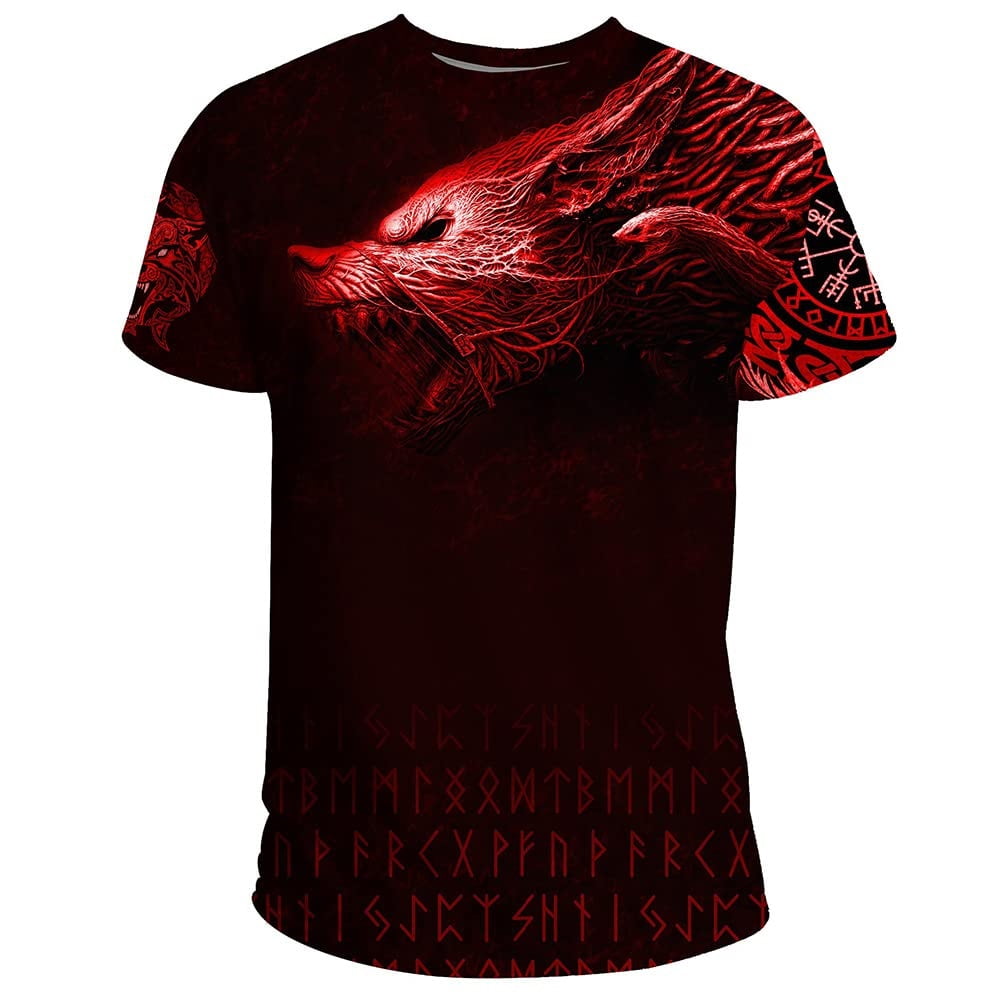 3d Printed Red Fenrir Wolf Vegvisir Rune Tattoo T Shirt Unisex Summer O Neck Everyday Casual