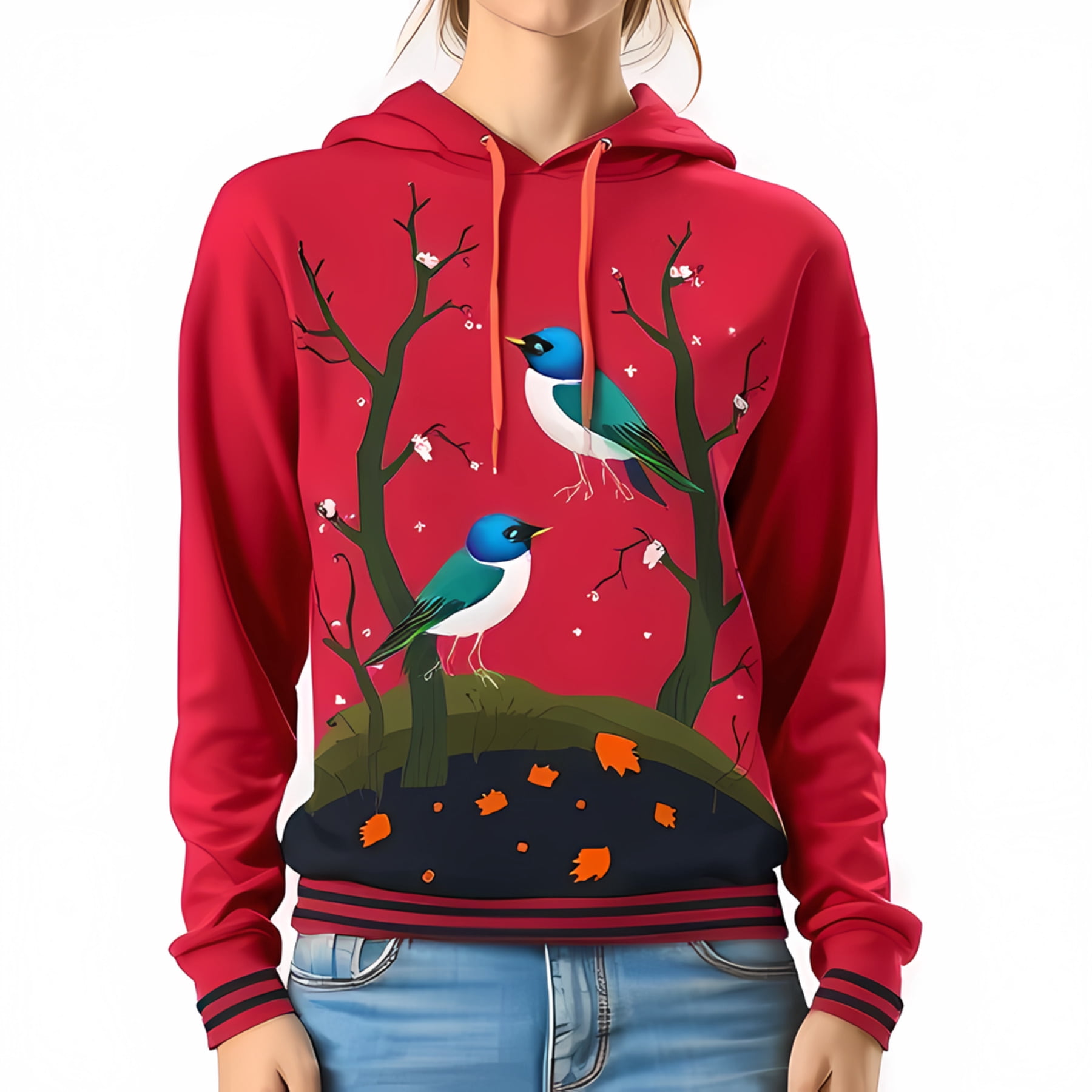 3D Printed Red Hoodie with Blue Birds Stylized Tree Design White ...