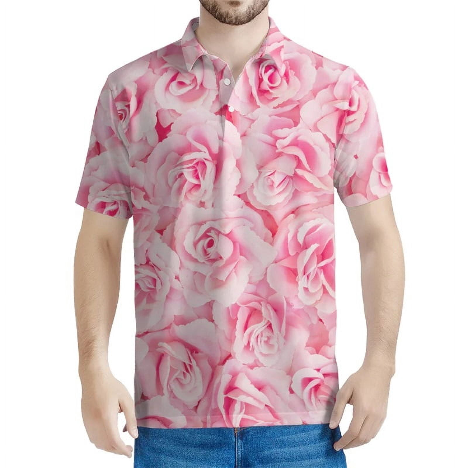 3D Printed Red Rose Flower Pattern Polo Shirt For Men Short Sleeve Turn ...