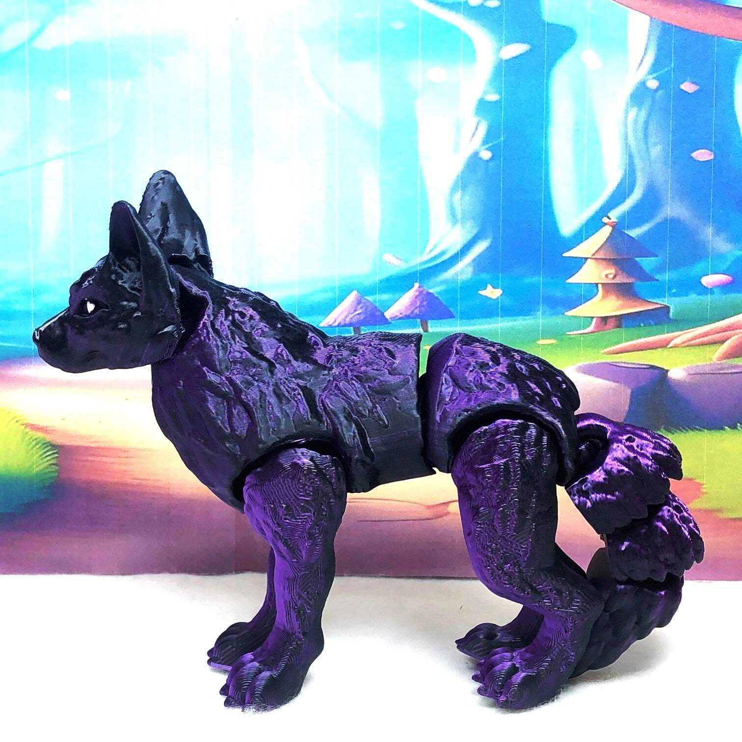 3D Printed Wolf, 4.75" Black and Purple Articulated Wolf Toy, Executive ...
