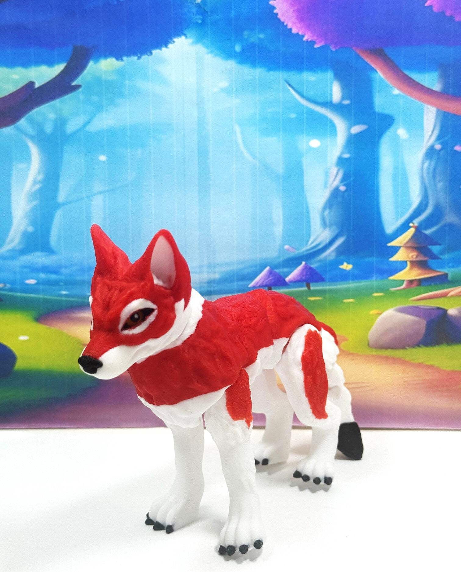 3D Printed Wolf, 4.75" White and Red Articulated Wolf Toy, Executive ...