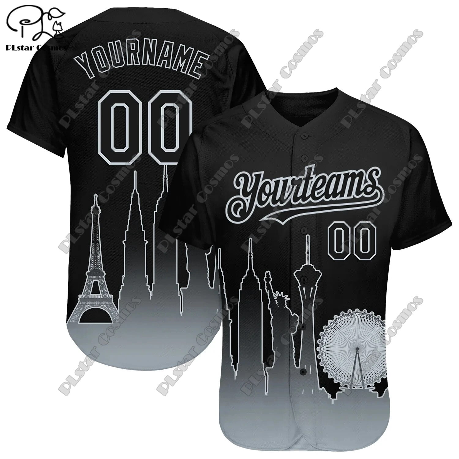 3D Printing Baseball Shirts Custom Name Black Red Gray City Silhouette ...