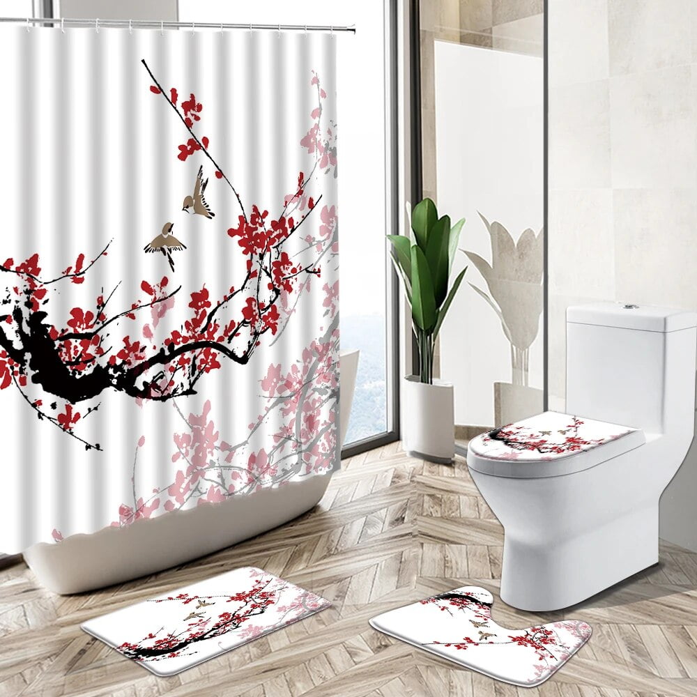 3D Printing Chinese Flower and Bird Ink Landscape Shower Curtain Set ...