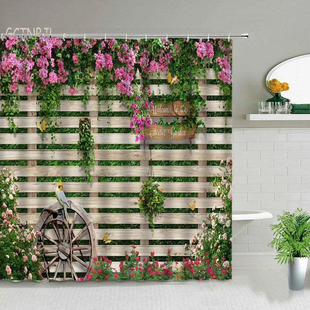 3D Printing Flowers Plant Wall Garden Bathroom Shower Curtain Natural ...