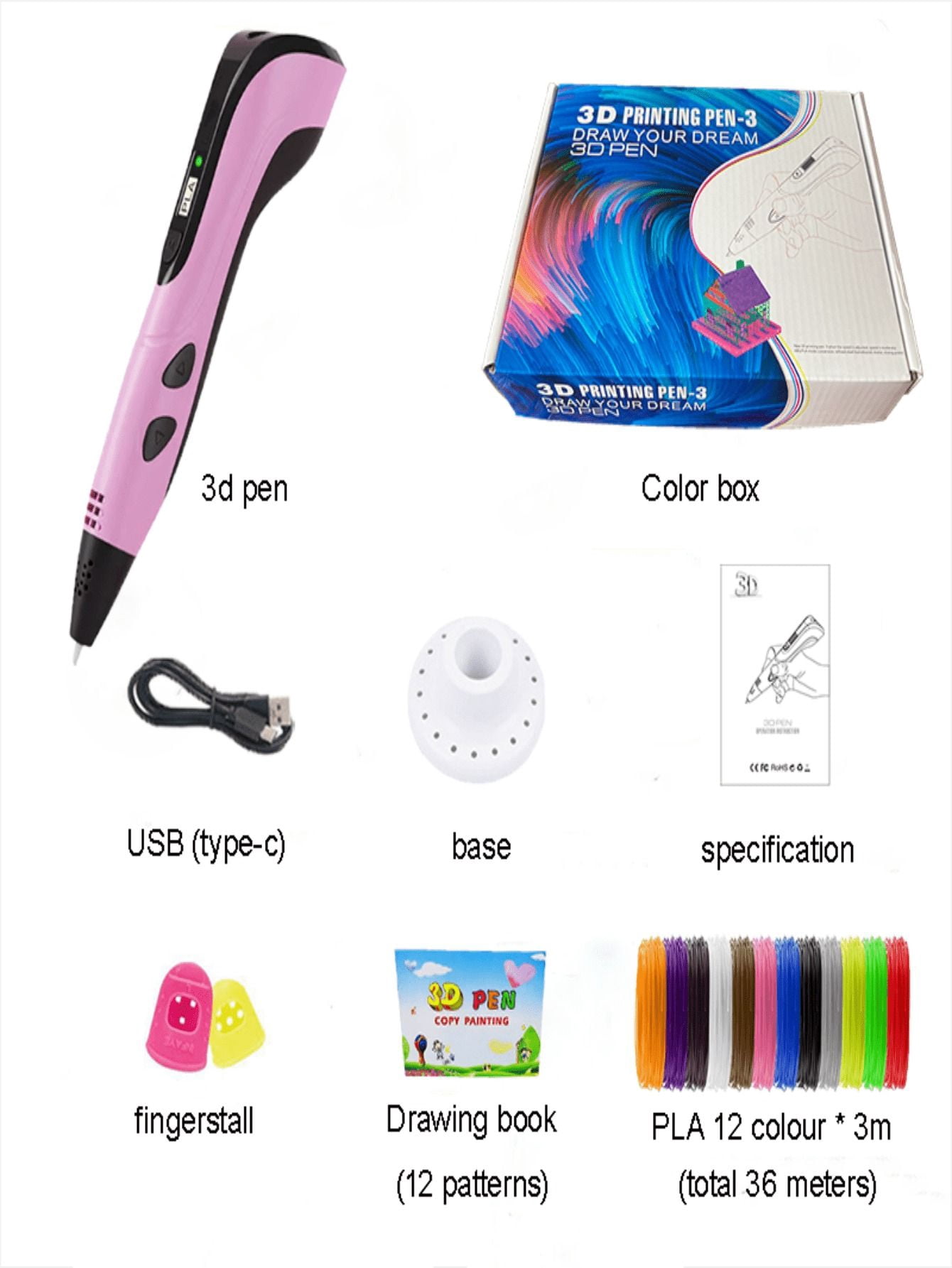 3D Printing Pen for Kids, Type-C Plug-in Drawing Doodle Pen Kit with 12 ...