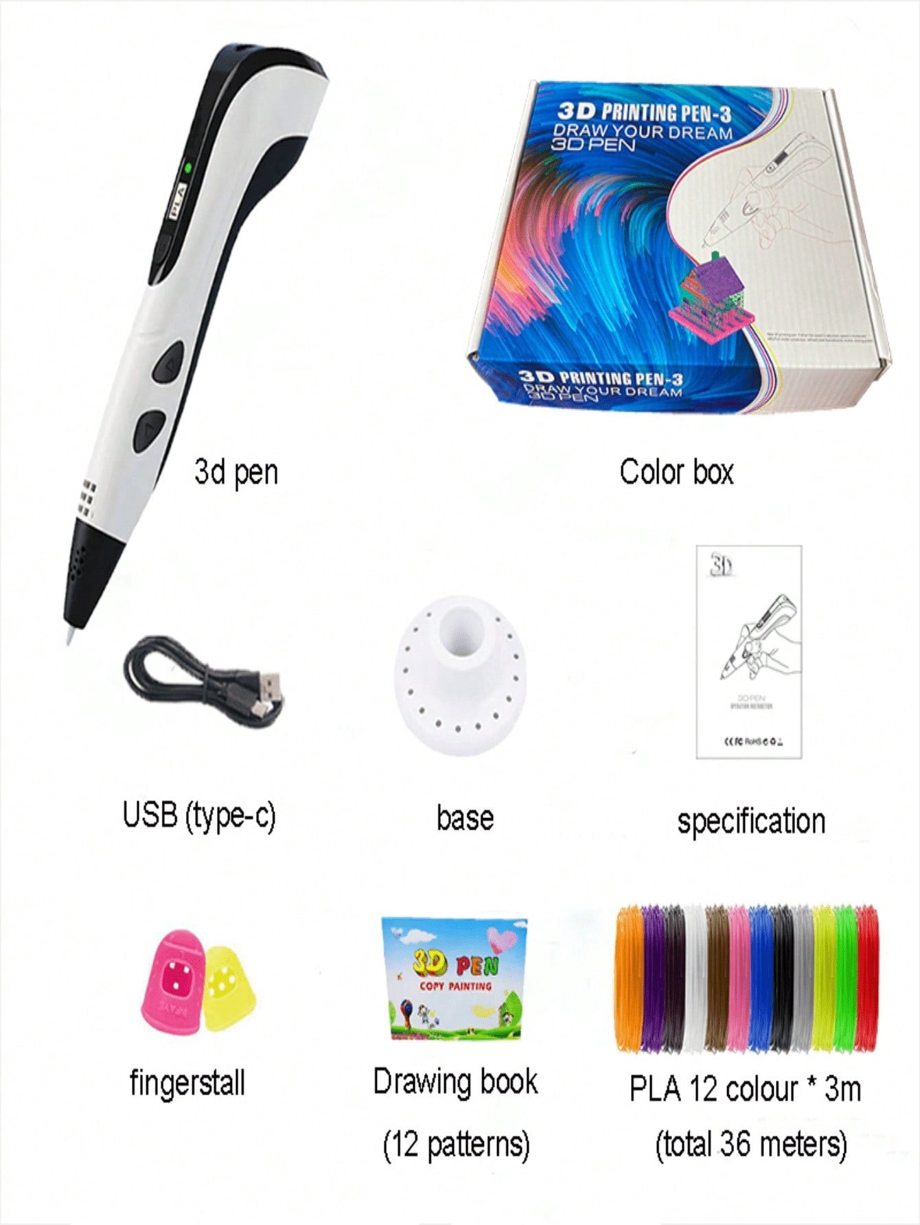 3D Printing Pen for Kids, Type-C Plug-in Drawing Doodle Pen Kit with 12 ...
