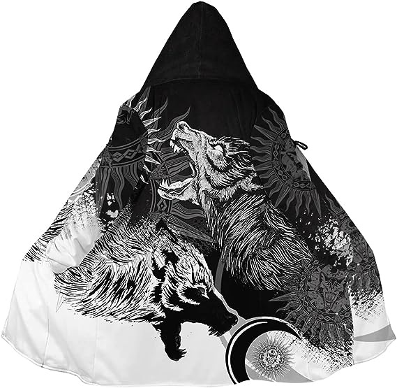3D Printing Viking Hooded Cape, Novelty Harajuku Sun Moon Fenrir Wolf Rune Men's Cape Costume ...