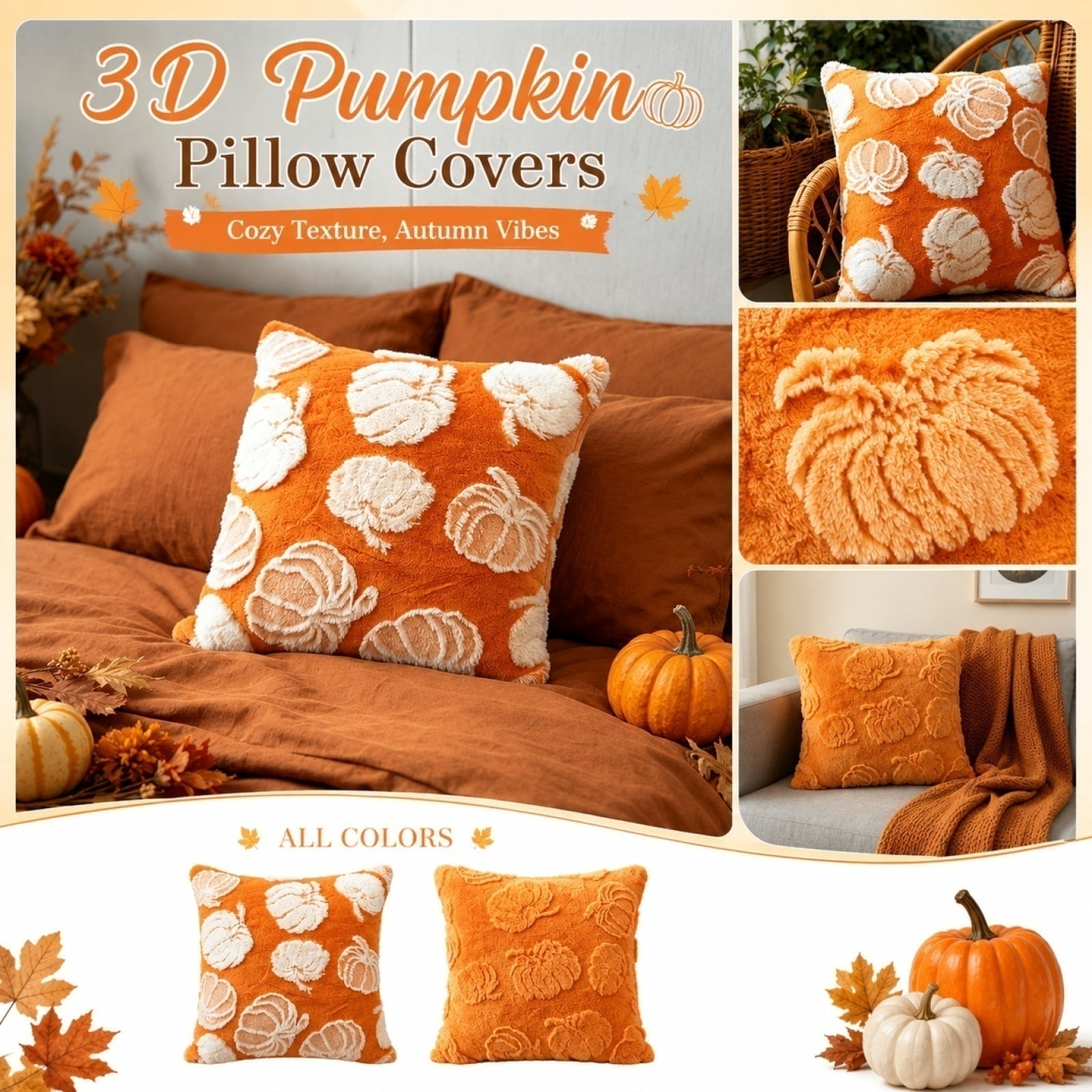 3D Pumpkin Plush Pillow Cover, 17.72x17.72in Soft Fleece Cushion Case ...