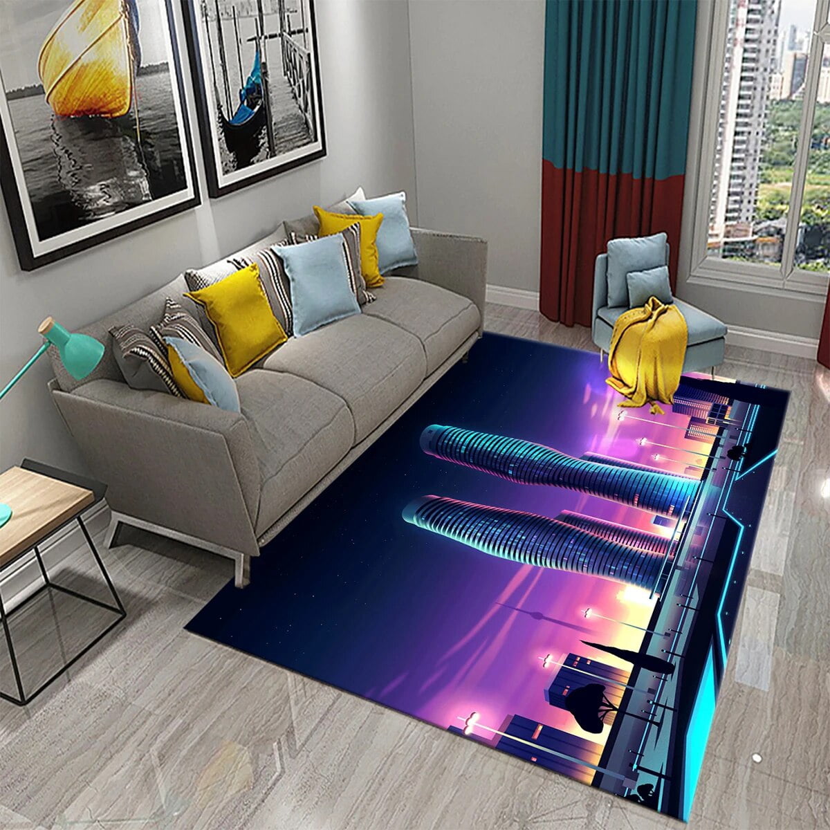 3D Punk Cool Neon City Night View Carpet for Kitchen Bath Anti-Slip Mat ...