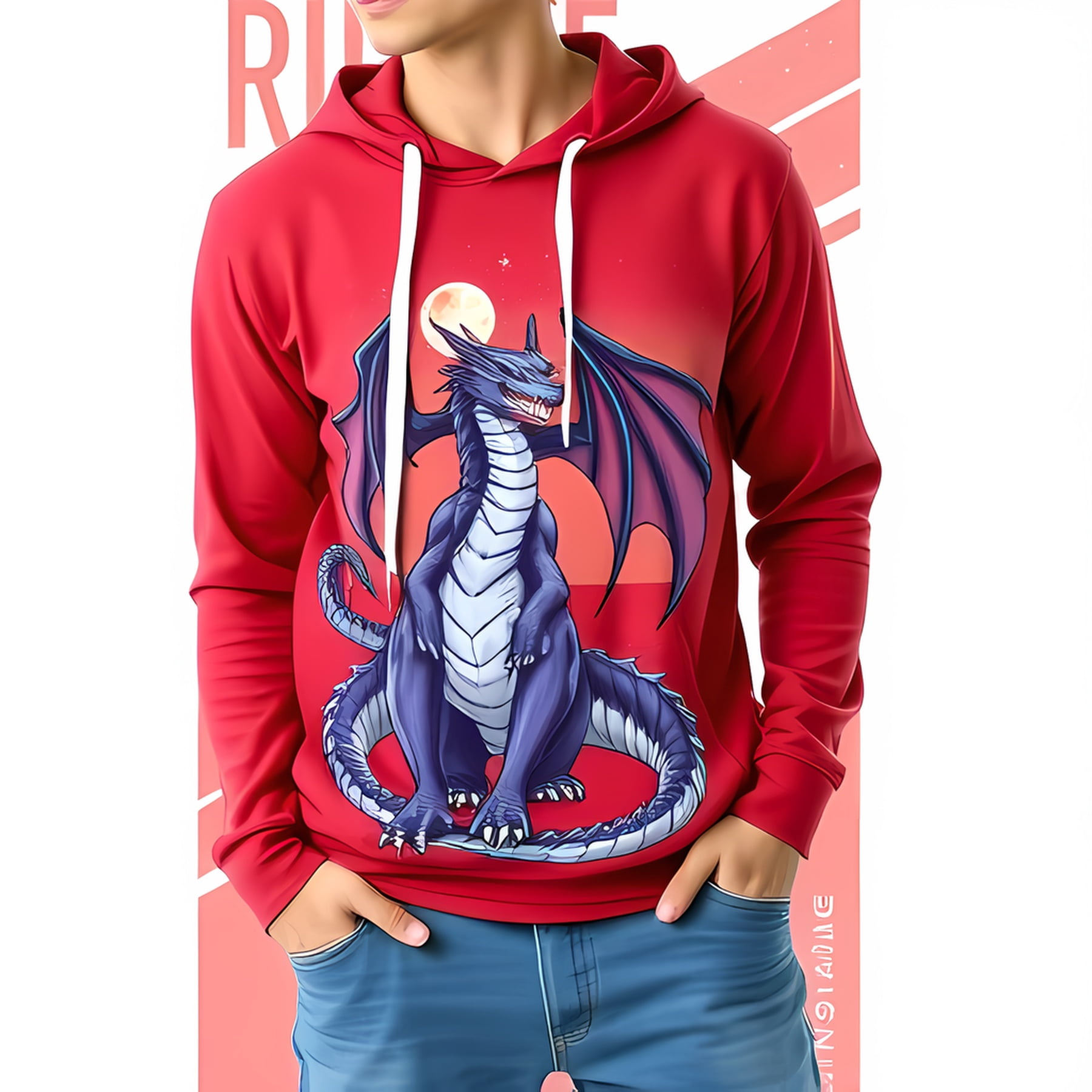 3D Purple Dragon Graphic Red Hoodie with Drawstring Full Moon & Sunset ...