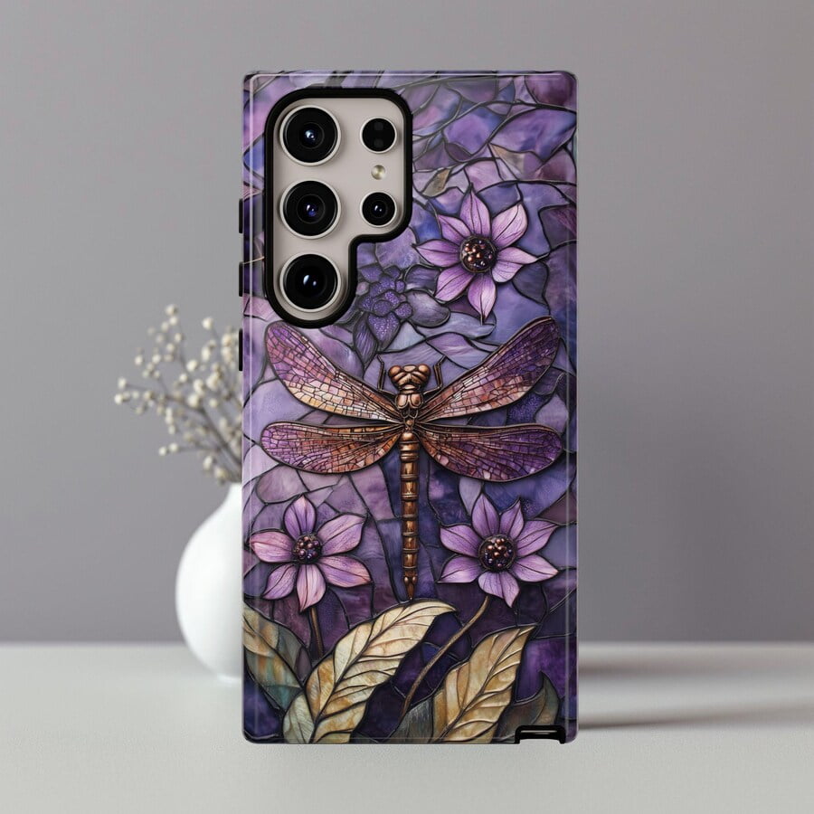 3D Purple Floral Stained Glass Dragonfly Insect Phone Case 11 12 13 14 ...