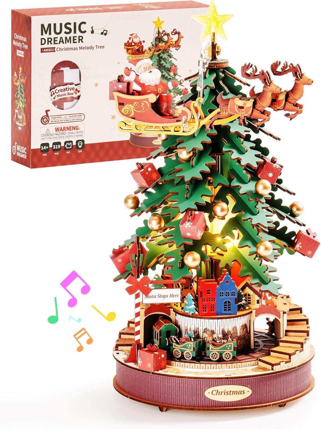 3D Puzzles for Adults Wooden Music Box with LED DIY Model Christmas ...