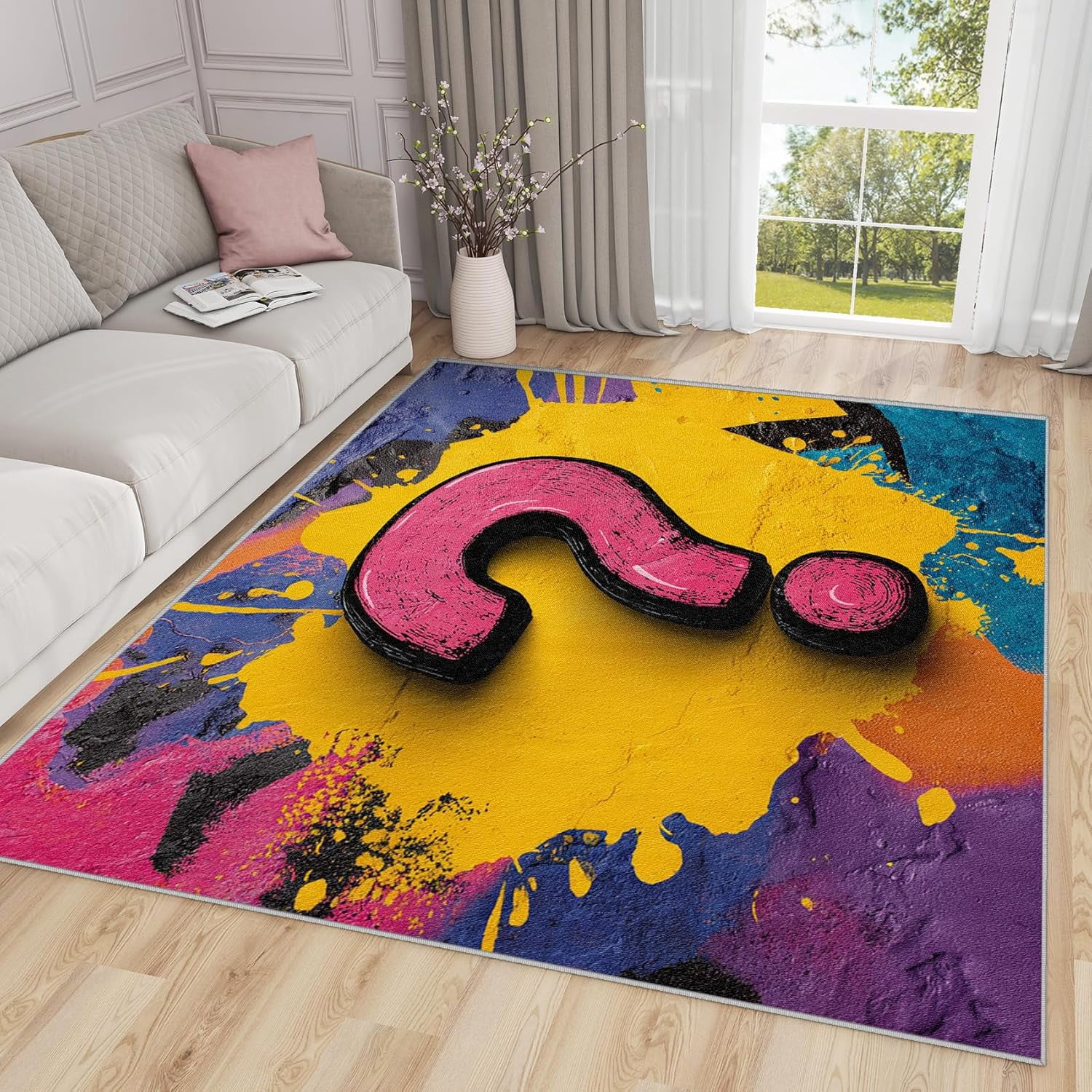 3D Question Mark Area Rug, Funny Graffiti Pattern Carpet, Washable Non ...