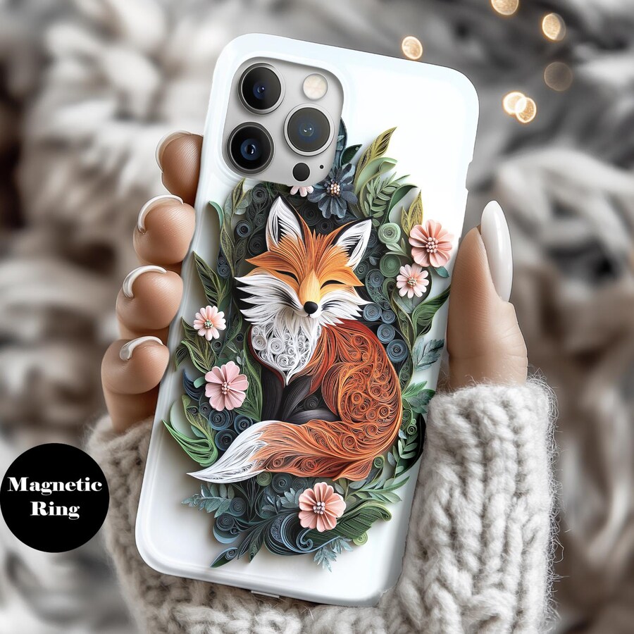 3D Quilled Forest Nature Art Fox and Wildflower Phone Case 11 12 13 14 ...