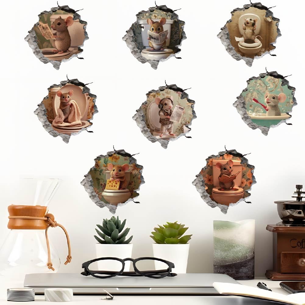 3D Rat Toilet Wall Sticker 3D Mice Cracked Wall Decals 3D Mice Bathroom ...