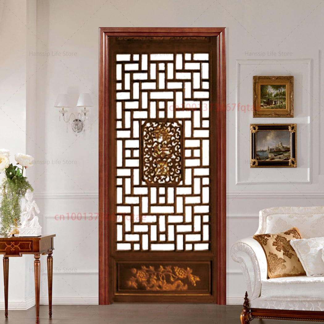 3D Realistic Retro Wood Design Door Sticker Wallpaper Oriential Chinese ...