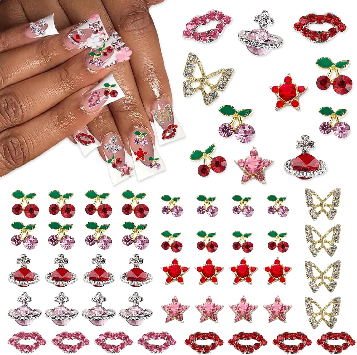 3D Red Cherry Nail Charms Set - 55 Pc Salon-Quality Nail Art Gems for ...