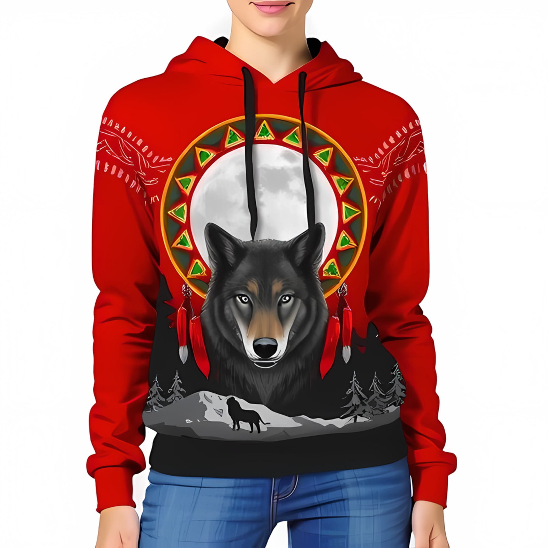 3D Red Hoodie with Black Design Full Moon & Intricate Patterns Casual ...