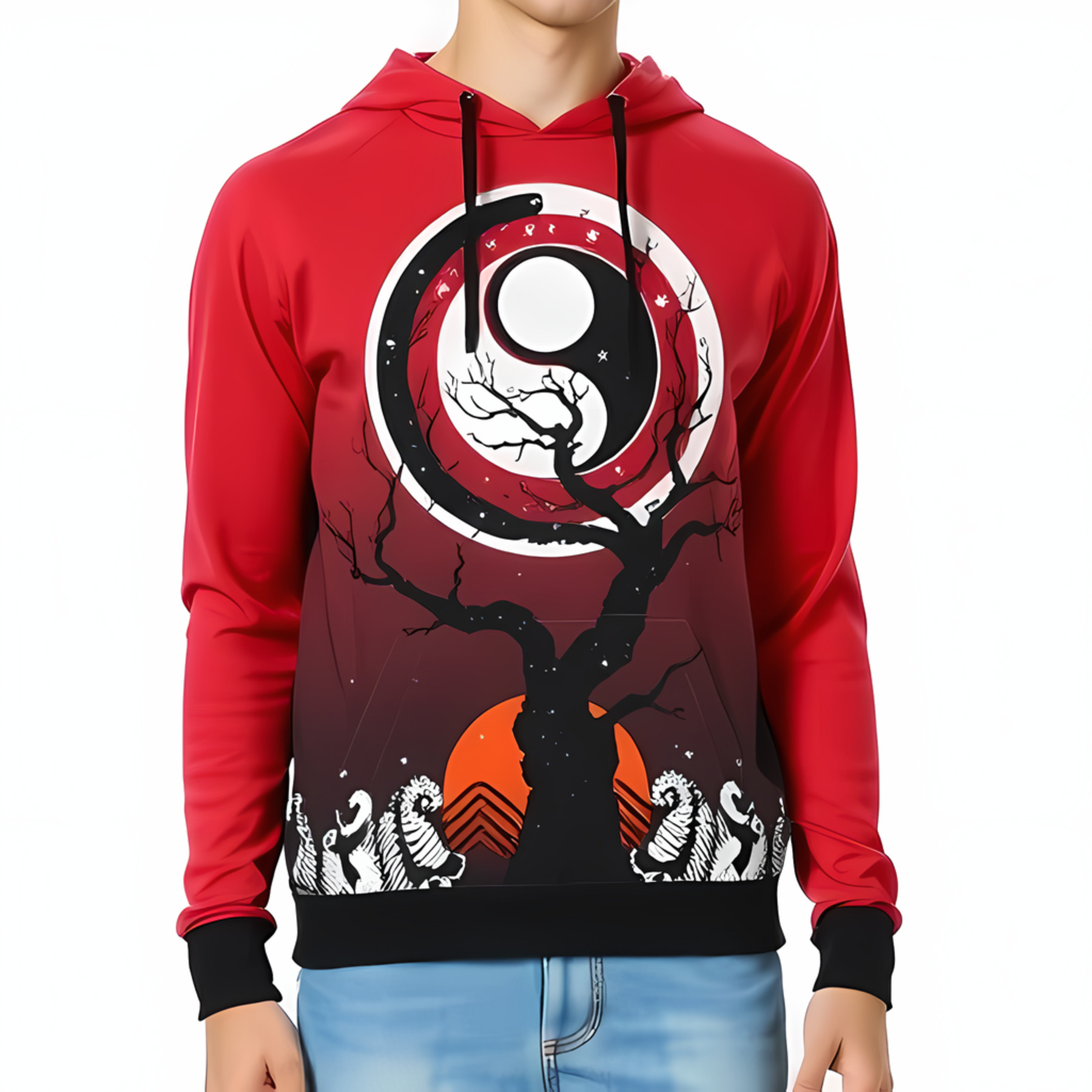 3D Red Hoodie with Black & White Symbol Stylized Tree Design Modern ...