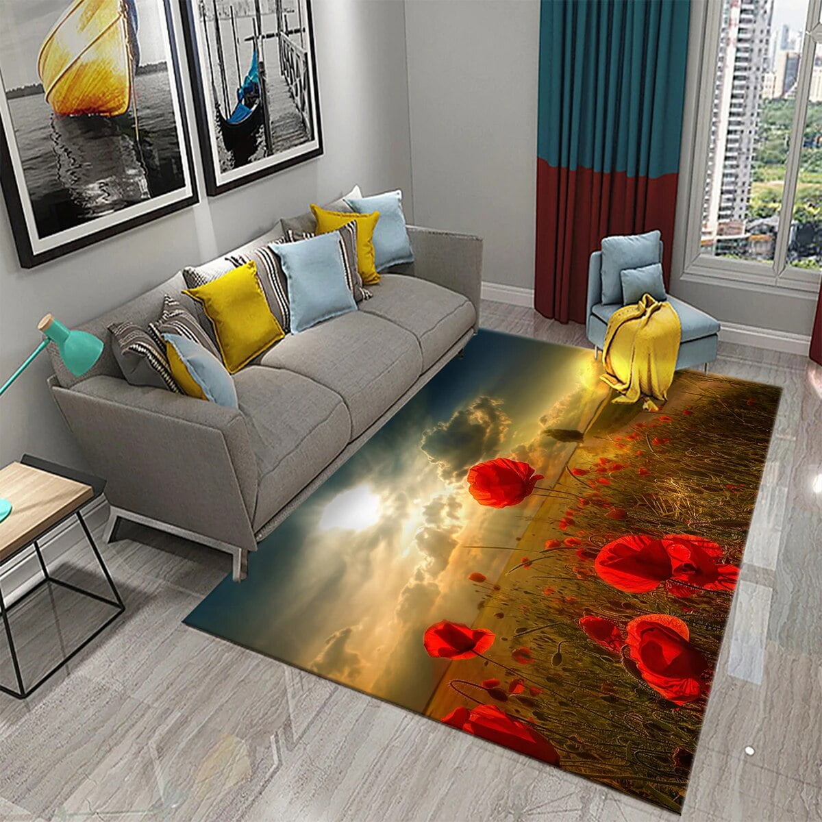 3D Red Poppies Carpet Romantic Sea of Flowers Rugs Doormat for Bathroom ...