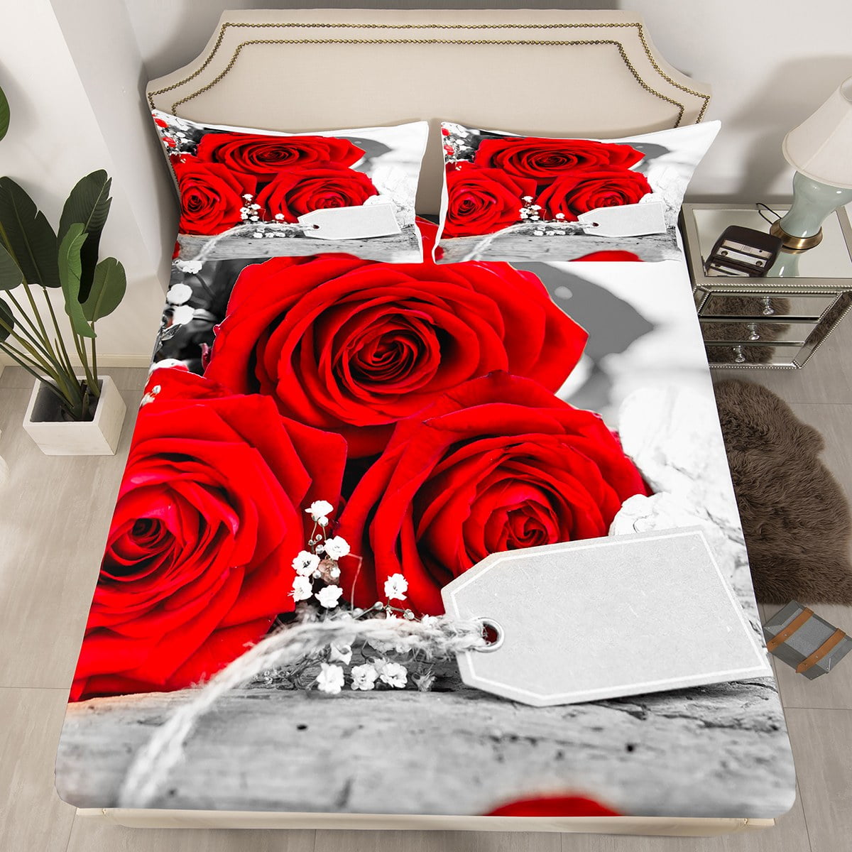 3D Red Rose Bed Sheets Women, White Red Grey Fitted Sheet Queen ...