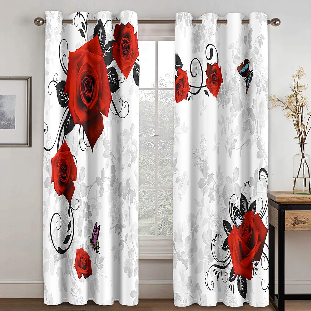 3D Red Rose Couple Flower Romantic Modern Light Filtering Drapes Theme ...